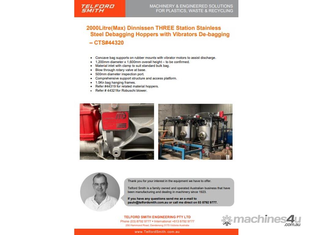 Used Dinnissen THREE Station Stainless Steel Debagging Hoppers with ...