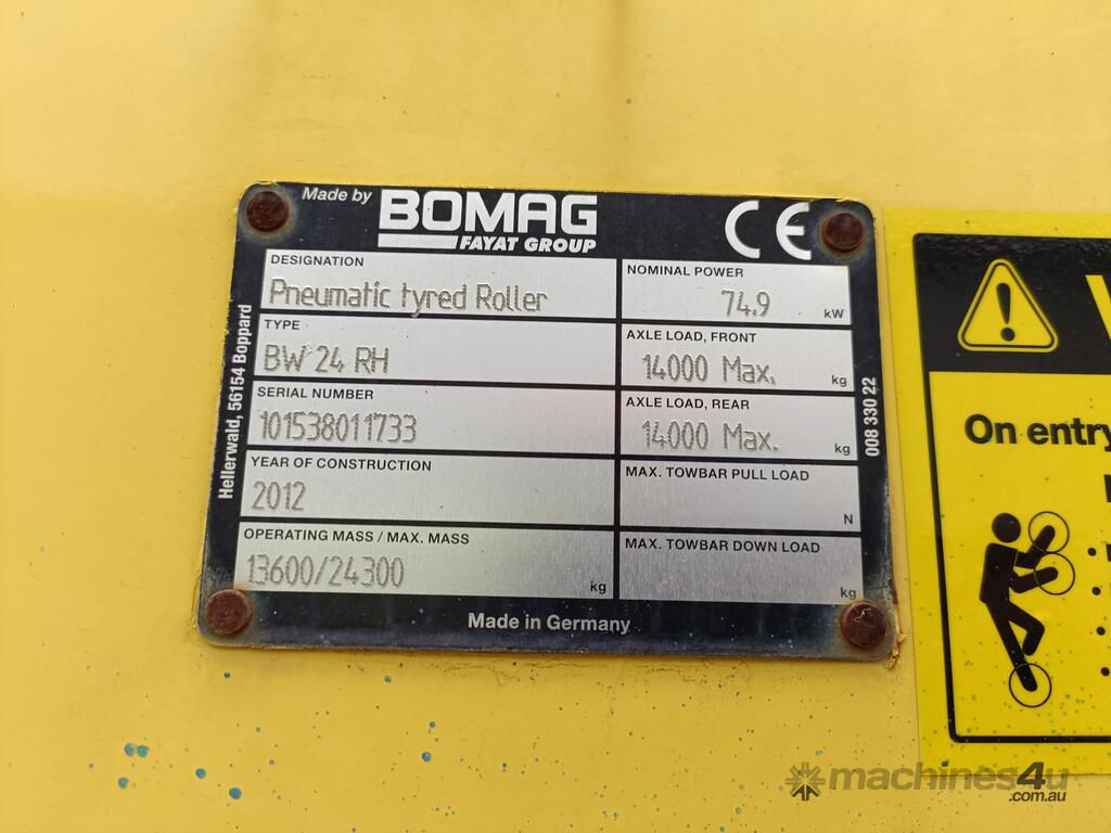 Used 2012 bomag 2012 Bomag BW 24 RH Pneumatic Tyred Roller NO KEYS ...