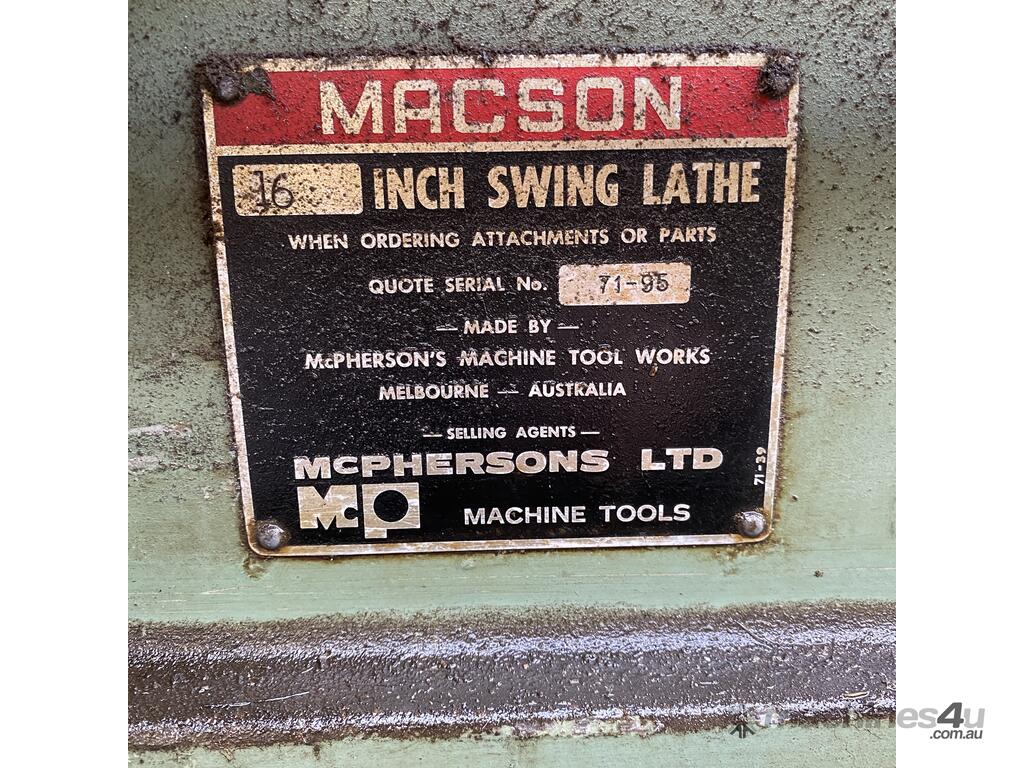 Used Macpherson Machine Tool Macson 16 inch Swing Lathe Fuerda 3 jaw ...