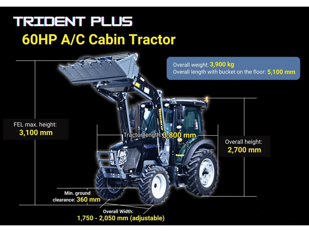 New trident Trident Plus Synchromesh Model 60HP 4WD A C Cabin Tractor with 4-in-1 Bucket 3 900kg ...