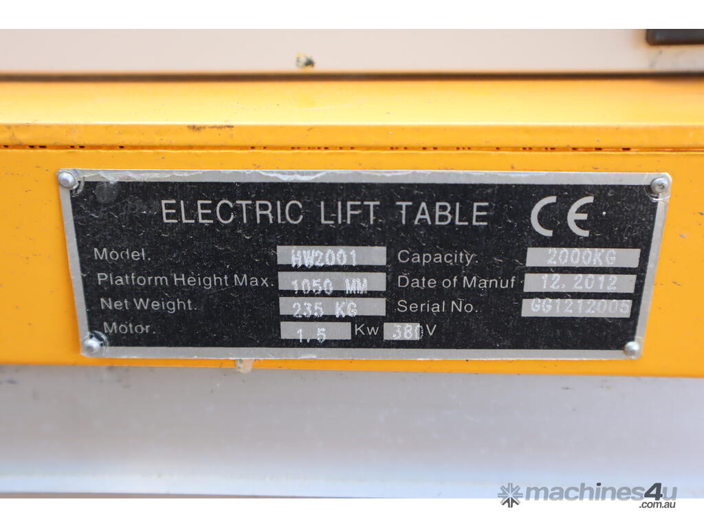 Used HW2001 Motorised Scissor Lift Table With Roller Platform 1300 x 850mm Hydraulic Scissor ...