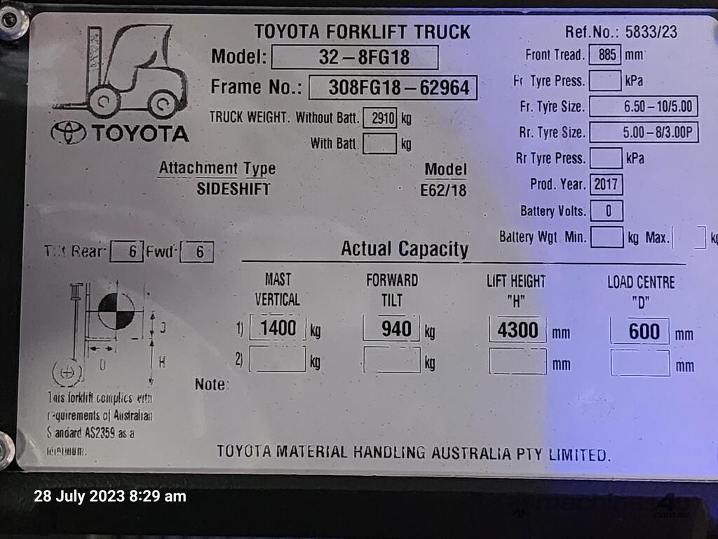 Used 2017 Toyota 32-8FG18 Counterbalance Forklifts in STRATHFIELD, NSW