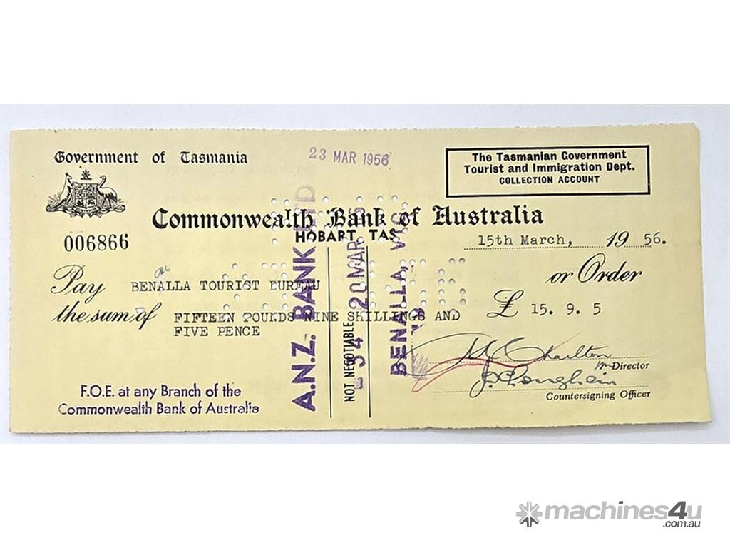 Used EARLY AUSTRALIAN CHEQUE - TOURIST AND IMMIGRATION EARLY AUSTRALIAN ...
