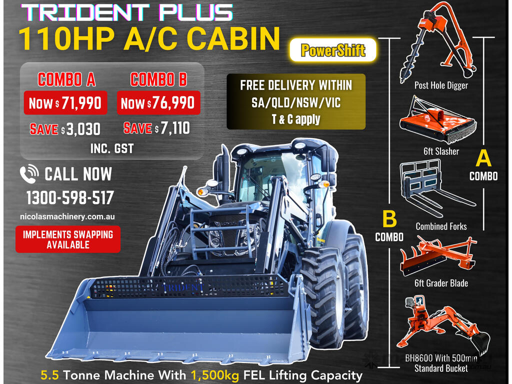 New trident Trident Plus Powershift Model 110HP A C Cabin Tractor with 4-in-1 Bucket Combo Deal ...