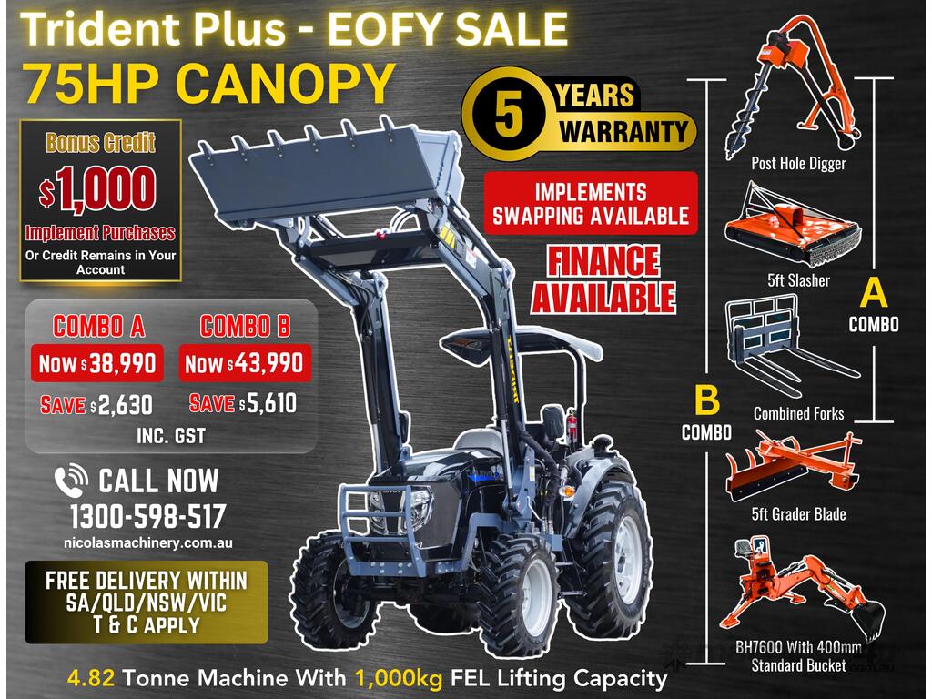 New 2025 trident Trident Plus Synchromesh 75HP 4WD Canopy Tractor with 4-in-1 Bucket Combo Deal ...