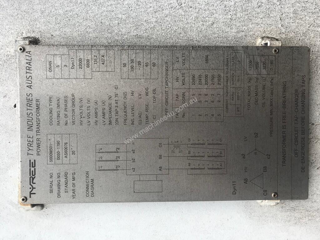 Used 2014 tyree M Q EQUIPMENT - TYREE 5000KVA TRANSFORMER 22KV to 6 6KV ...